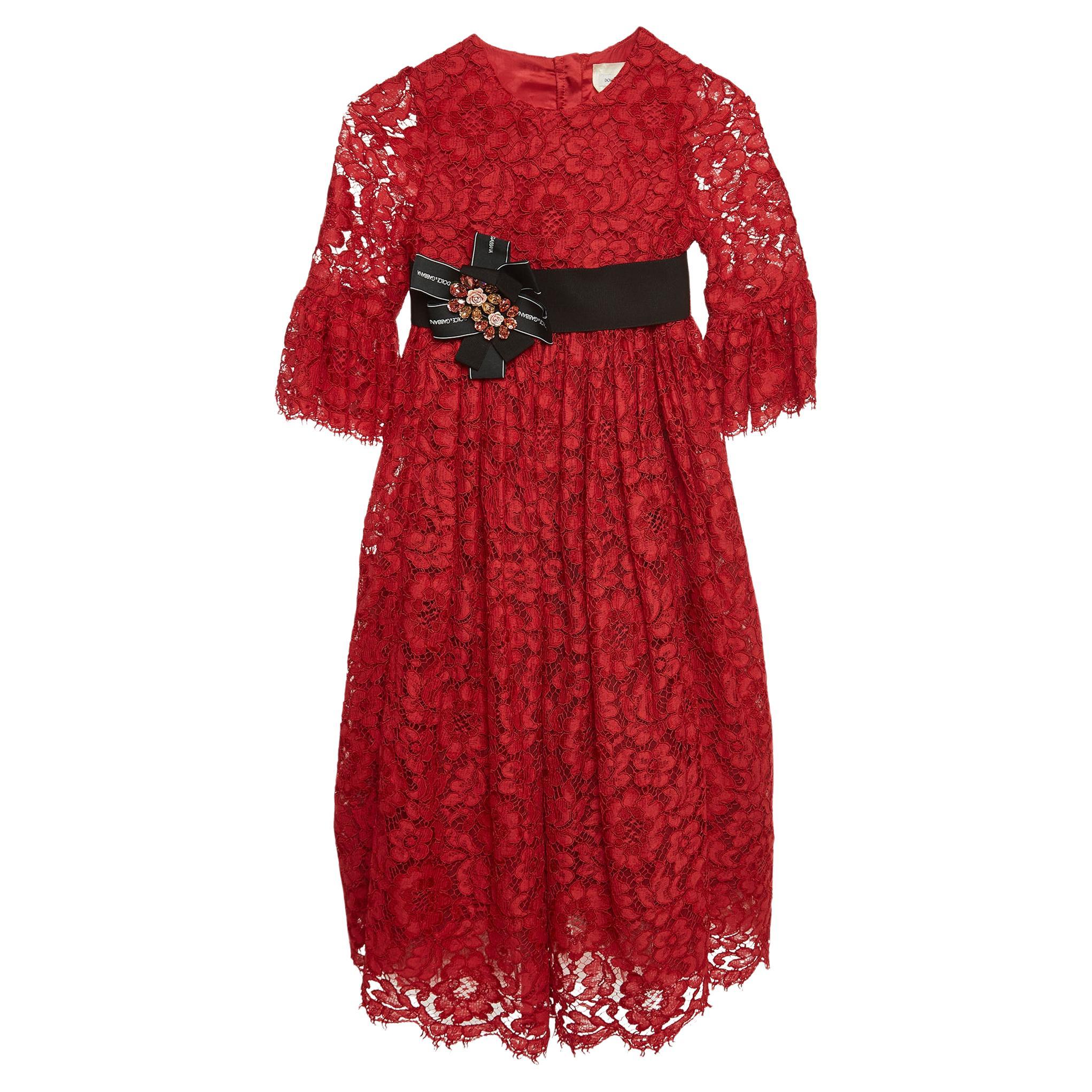 Dolce and Gabbana Red Lace Bow Detail Dress (6 Yrs) For Sale at 1stDibs