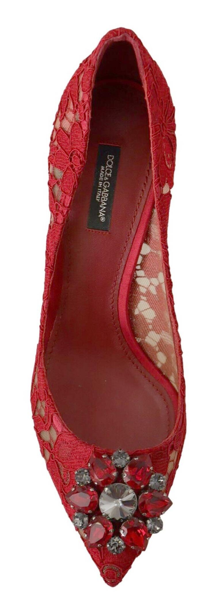 Dolce and Gabbana Red Lace Leather Bellucci Shoes Heels Pumps Floral DG ...
