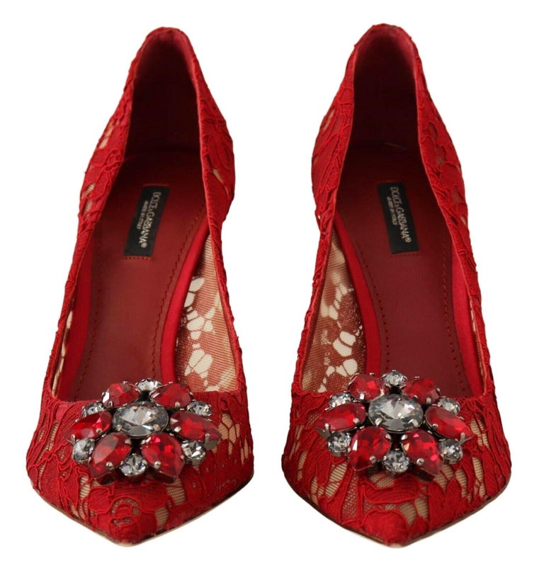 Dolce and Gabbana Red Lace Leather Bellucci Shoes Heels Pumps Floral DG ...