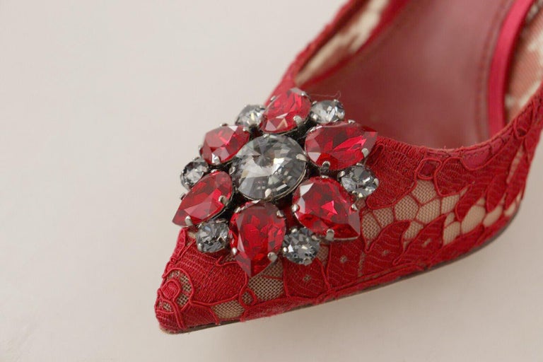 Dolce and Gabbana Red Lace Leather Bellucci Shoes Heels Pumps Floral DG ...