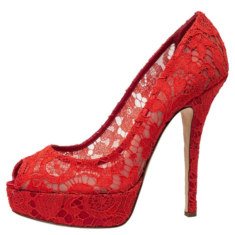 Dolce and Gabbana Red Lace Peep Toe Platform Pumps Size 41 at 1stDibs ...