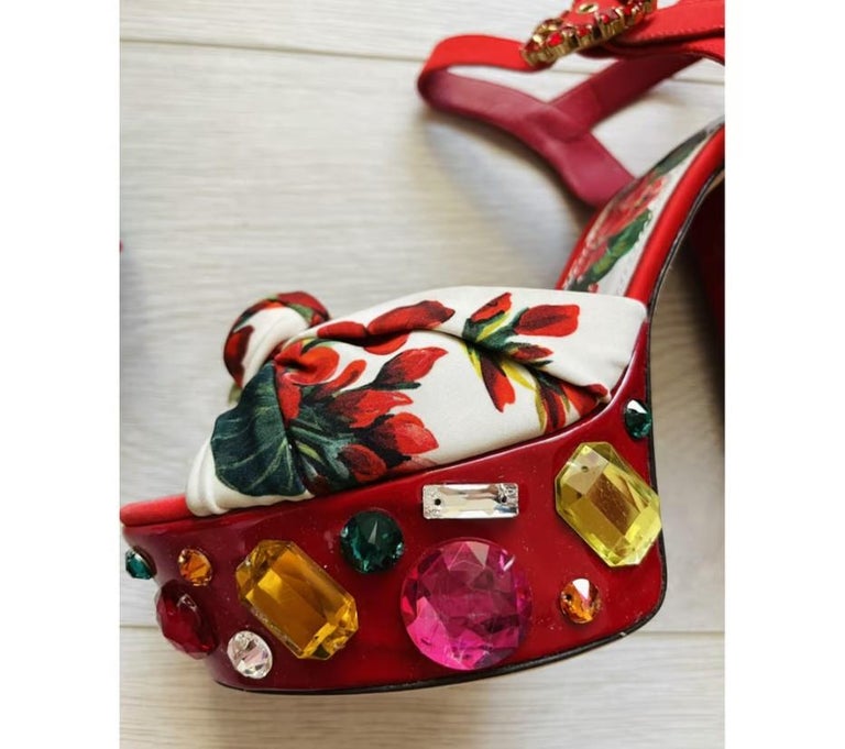 Dolce and Gabbana Red Leather Floral Pumps Heels Wedge Sandals Shoes DG ...