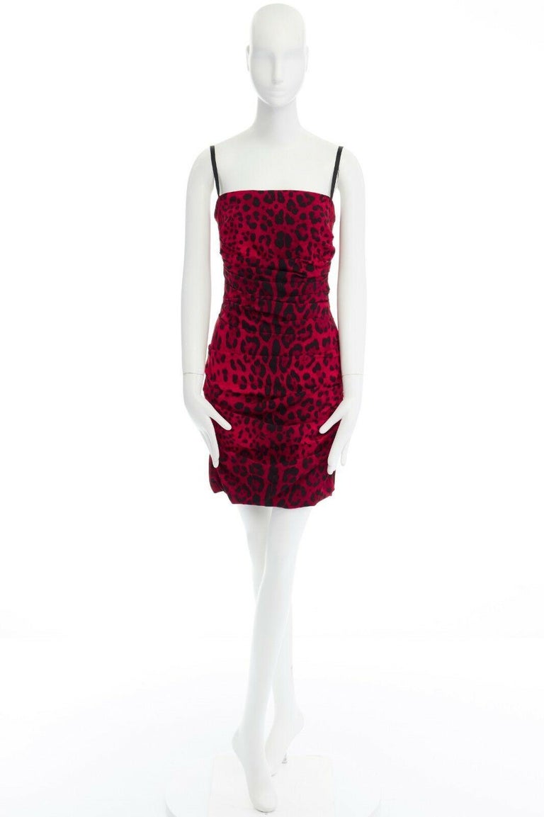 DOLCE GABBANA red leopard print silk ruched draped party dress IT40 S ...