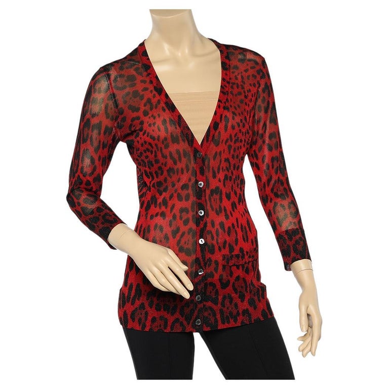 Dolce and Gabbana Red Leopard Printed Lurex Knit Cardigan M For Sale at ...