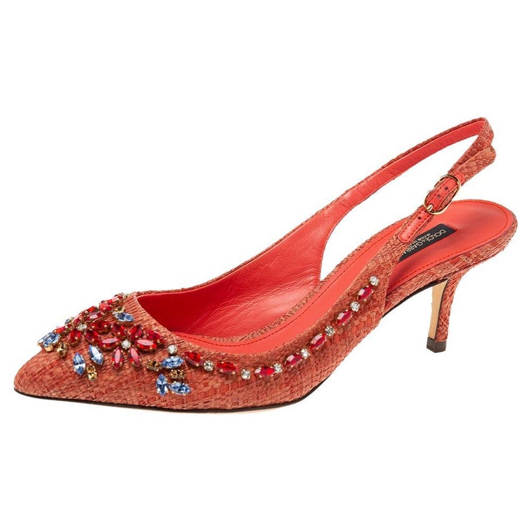 Dolce and Gabbana Red Raffia Crystal Embellished Slingback Sandals Size ...
