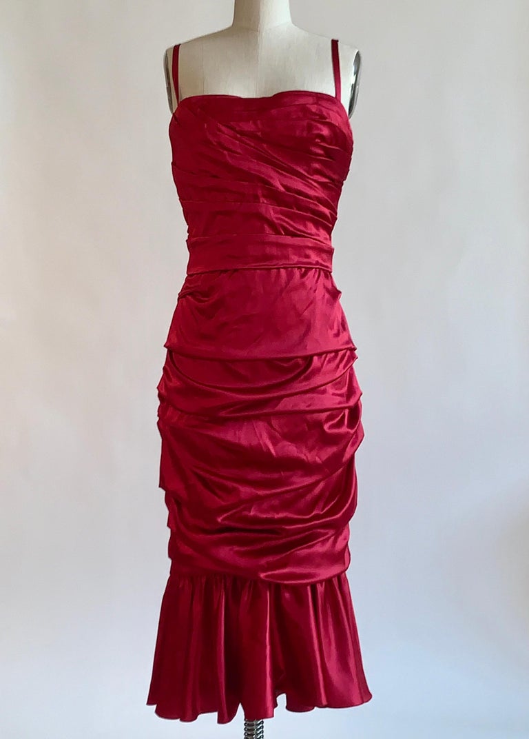 Dolce and Gabbana Red Ruched Silk Satin Cocktail Dress New with Tags at ...