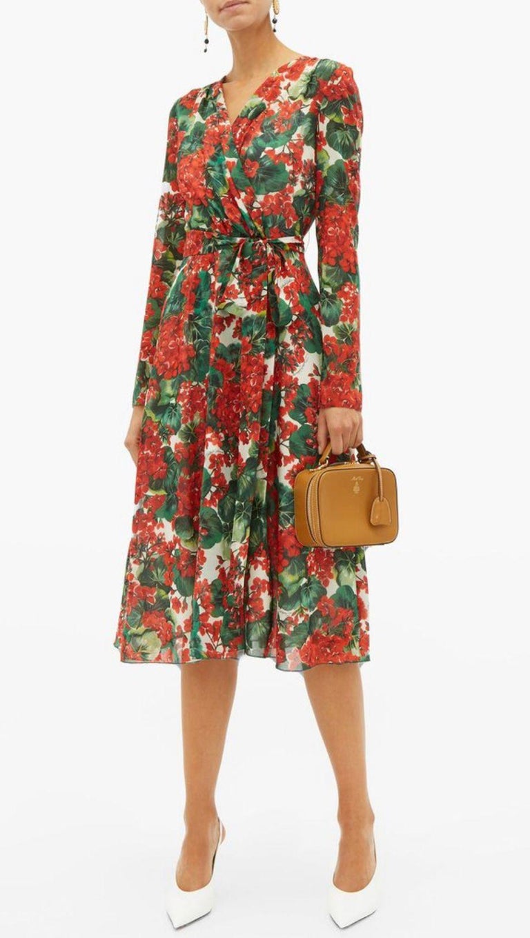 Dolce and Gabbana Red Silk Geranium Floral Midi Dress Flowers Mid ...