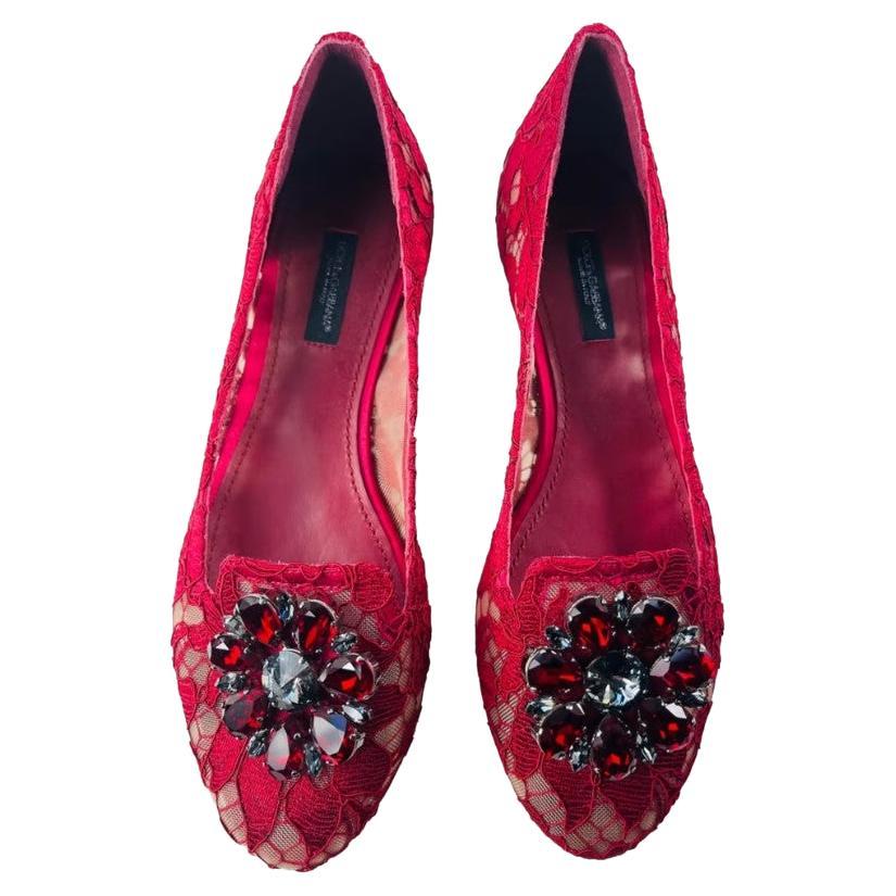 Dolce and Gabbana Red Taormina Lace Flats Shoes Loafers Jewel Crystals ...