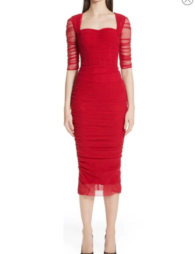 Dolce and Gabbana red two-layered cotton and nylon dress with gathers ...
