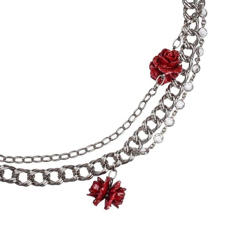 Dolce and Gabbana Rose Roses Lizzard Structure Leather Chain Belt Red ...