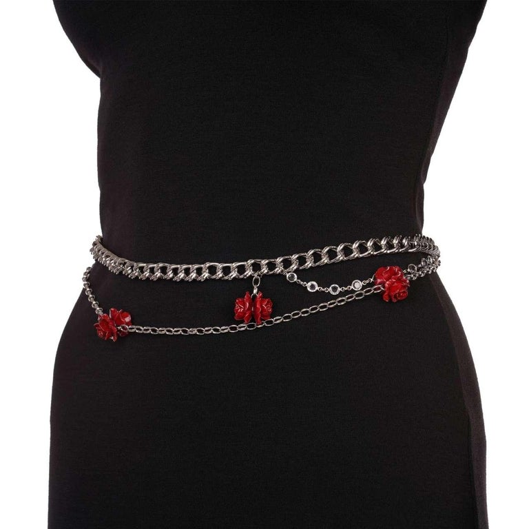 Dolce and Gabbana Rose Roses Lizzard Structure Leather Chain Belt Red ...