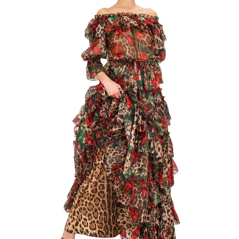 Dolce and Gabbana - RUNWAY Leopard Roses Print Maxi Silk Dress Red ...