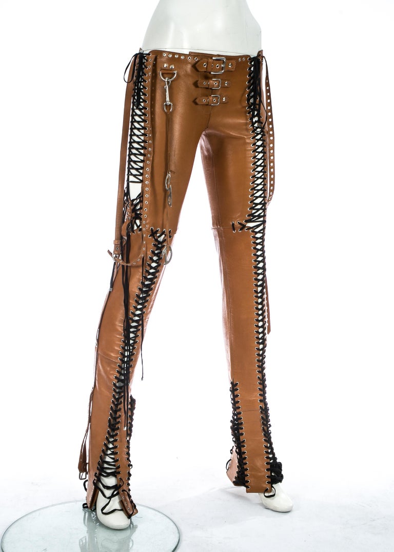 Dolce And Gabbana Sample Tan Leather Lace Up Flared Pants C 2000s For