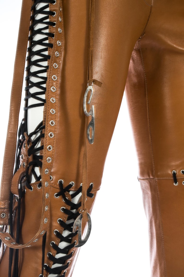 Dolce And Gabbana Sample Tan Leather Lace Up Flared Pants C 2000s For