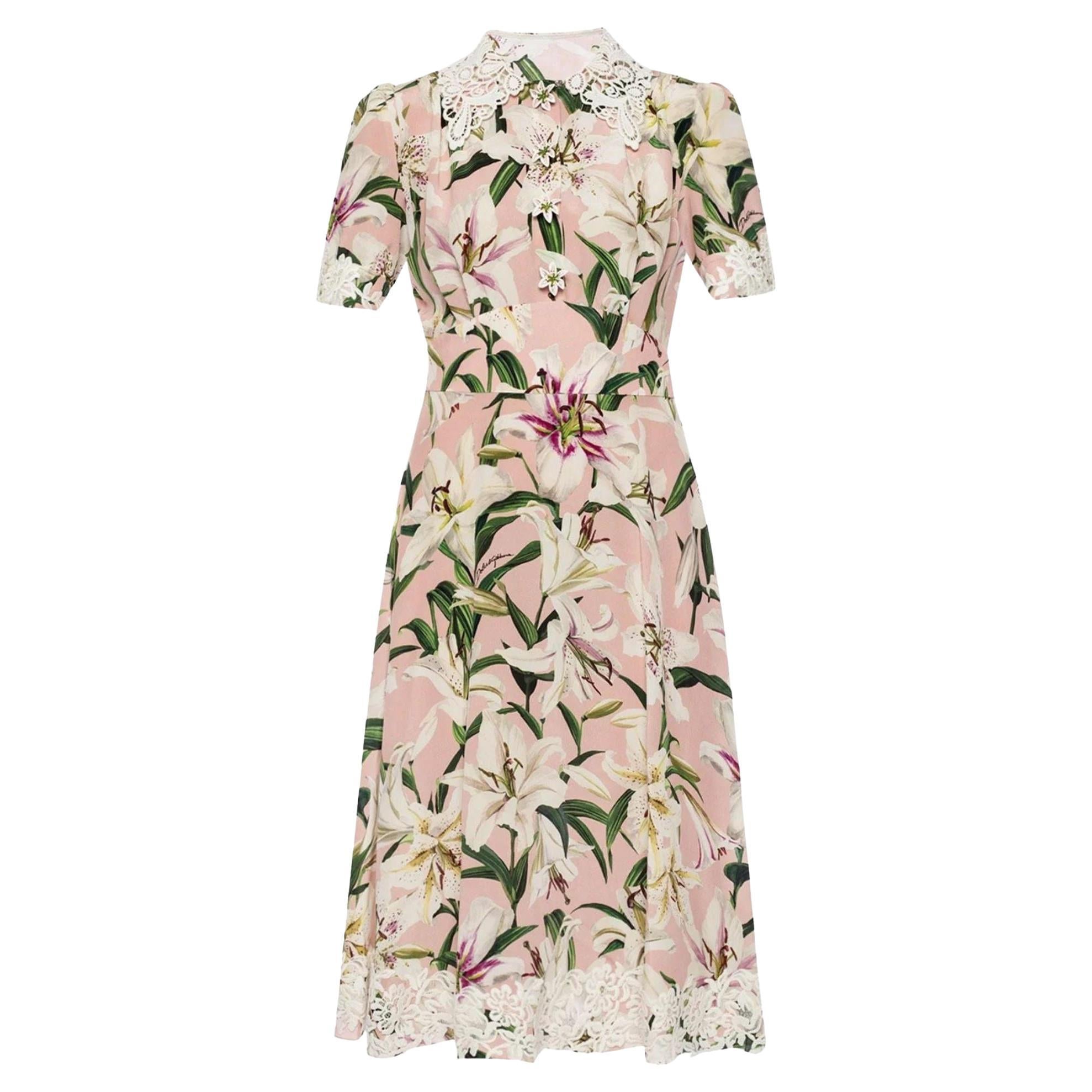 Dolce and Gabbana Silk Lilly Print Dress- EU 44 at 1stDibs