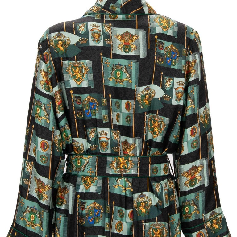 Dolce and Gabbana Silk Royal Heraldy Lion Crown Coat Robe Green 48 38 M ...