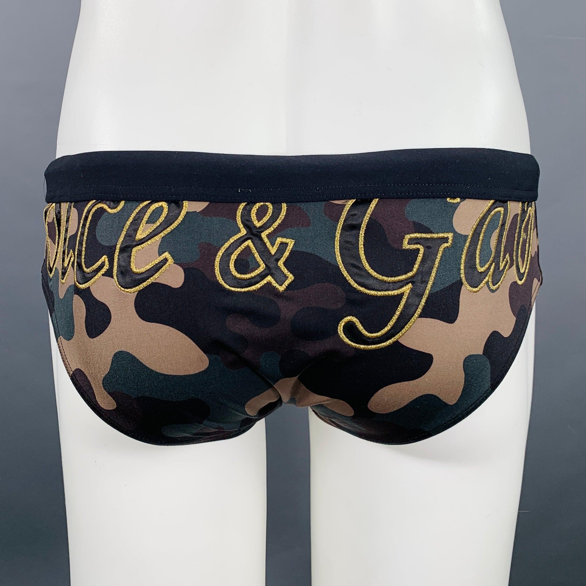 DOLCE and GABBANA Size L Black Green Tan Camouflage Drawstring Speedo ...