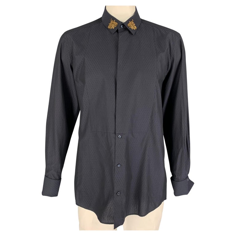 DOLCE and GABBANA Size XL Navy Rhombus Cotton Beaded Royal Bees Long Sleeve Shirt For Sale at ...