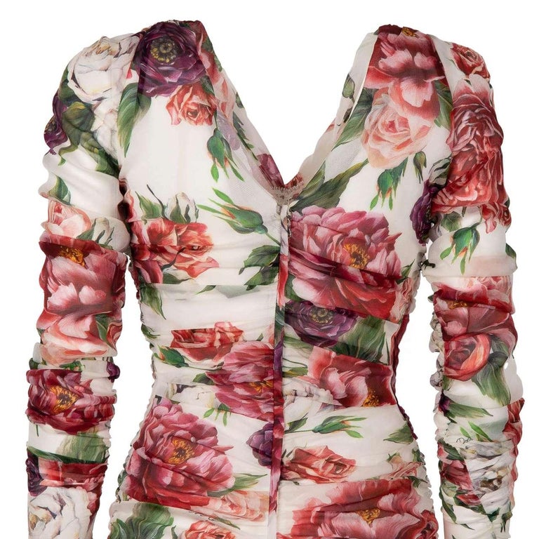 Dolce and Gabbana - Stretch Silk Peony Rose Dress White IT 40 For Sale ...