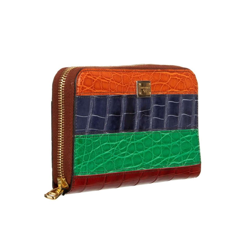 Dolce and Gabbana Striped Patchwork Crocodile Leather Zip-Around Wallet Blue Green For Sale at ...
