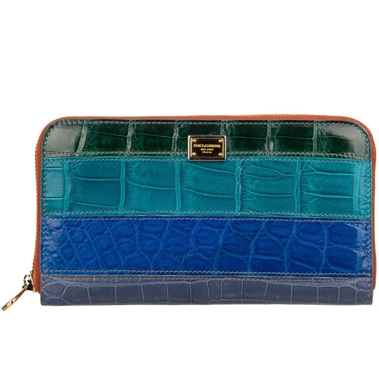 Dolce and Gabbana Striped Patchwork Crocodile Leather Zip-Around Wallet Blue Green For Sale at ...