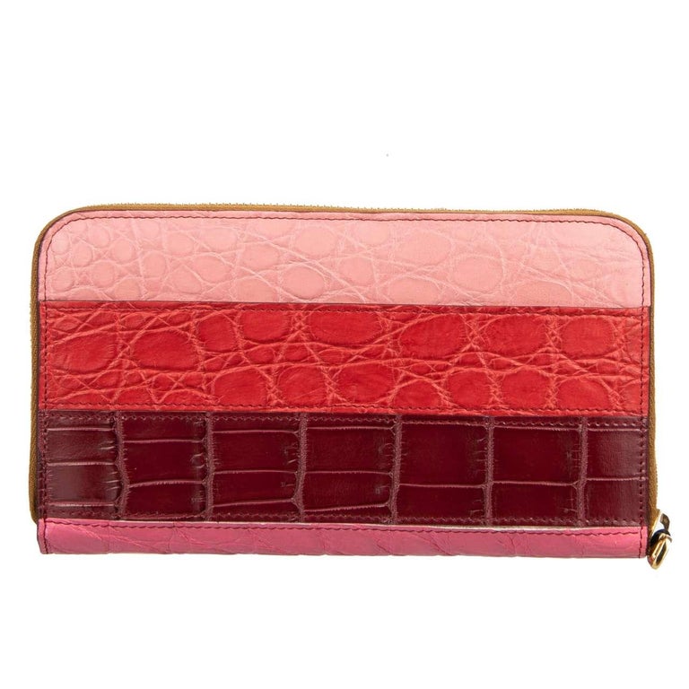 Dolce and Gabbana Striped Patchwork Crocodile Leather Zip-Around Wallet Red Pink For Sale at 1stDibs