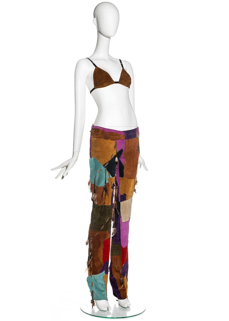 Dolce And Gabbana Suede Patchwork Pants And Bra Set Fw 2002 For Sale