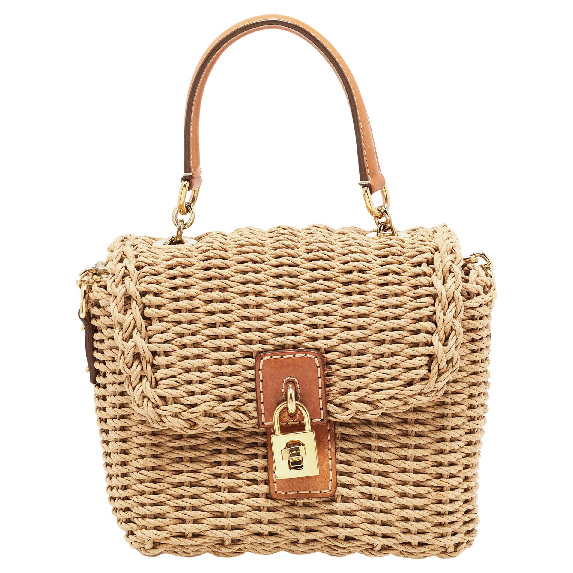 Dolce and Gabbana Tan/Natural Straw and Leather Miss Dolce Top Handle ...