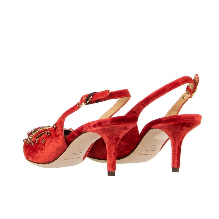 Dolce and Gabbana - Velvet Crystal Slingbacks Pumps BELLUCI Red 38.8 ...