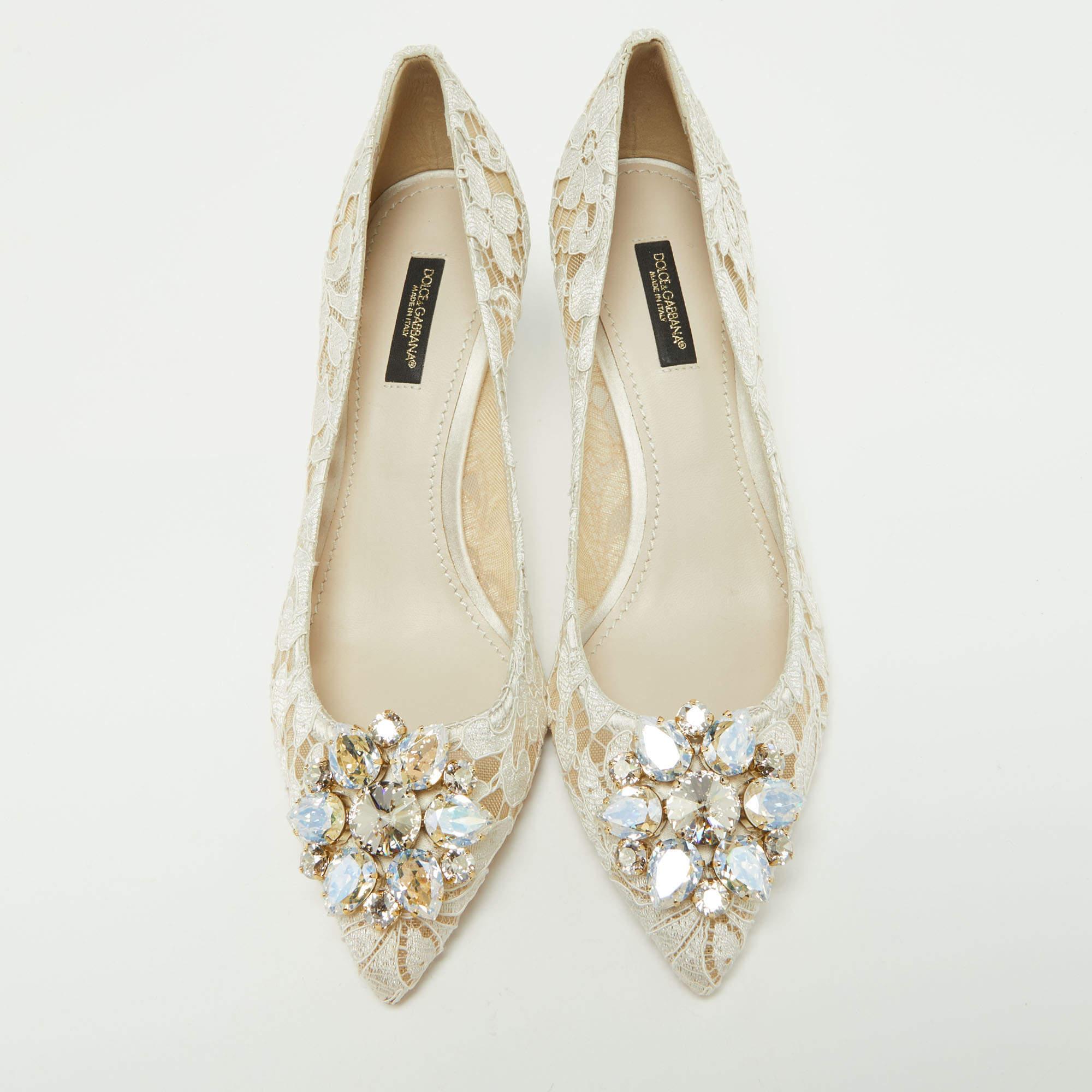 Dolce and Gabbana White Lace Crystal Embellished Bellucci Pumps Size 38 ...
