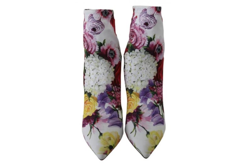 Dolce and Gabbana White Multicolor Floral Cloth High Heels Boots Nylon ...