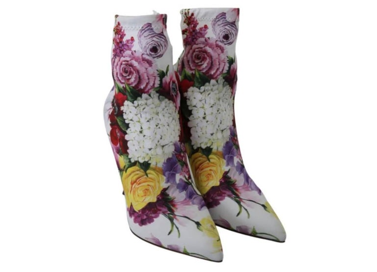 Dolce and Gabbana White Multicolor Floral Cloth High Heels Boots Nylon ...