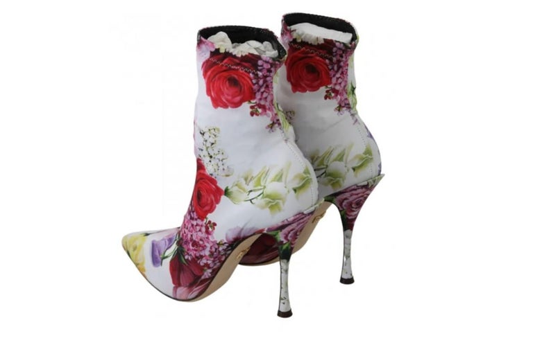 Dolce and Gabbana White Multicolor Floral Cloth High Heels Boots Nylon ...