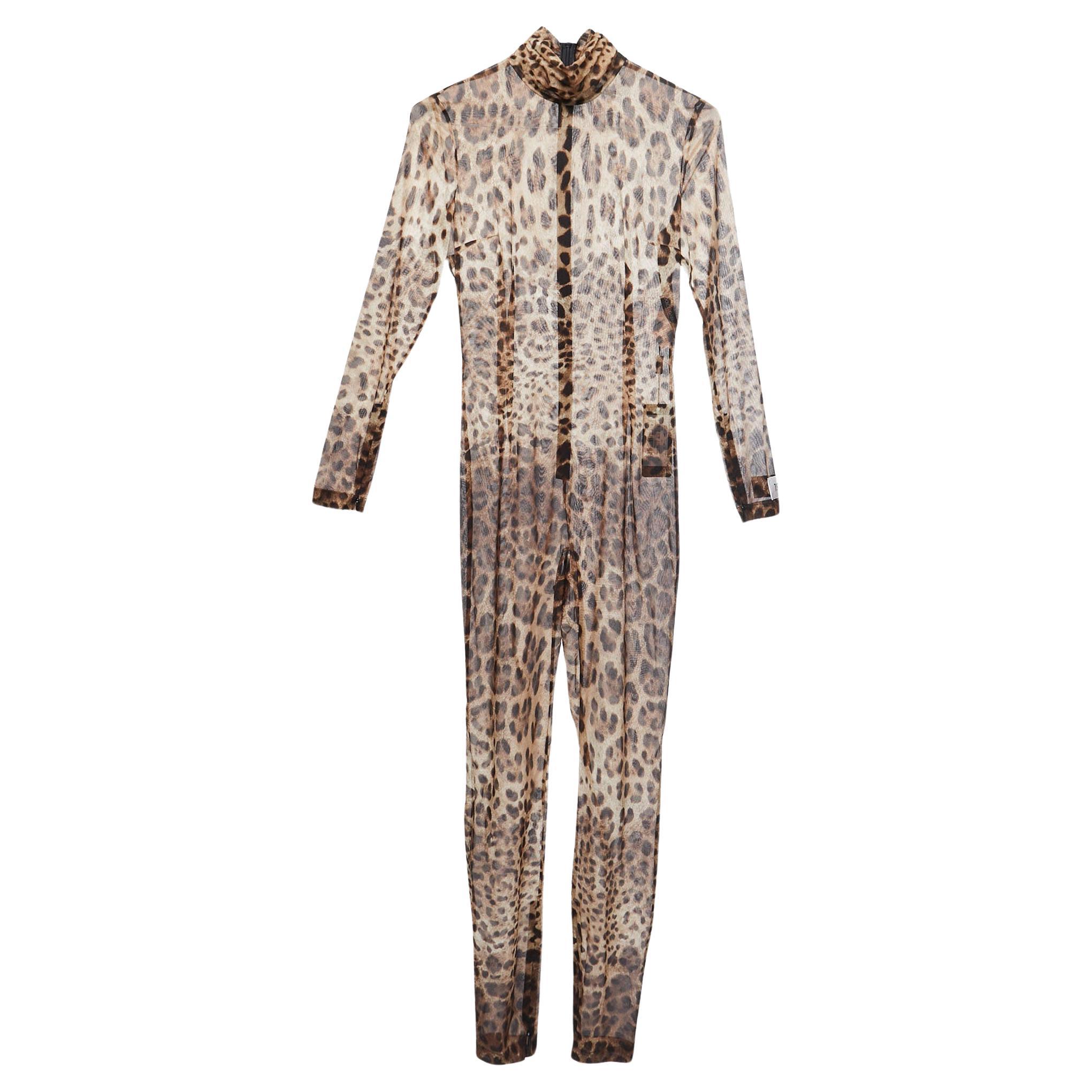 Dolce and Gabbana X Kim Brown Leopard Print Sheer Silk Jumpsuit S For ...