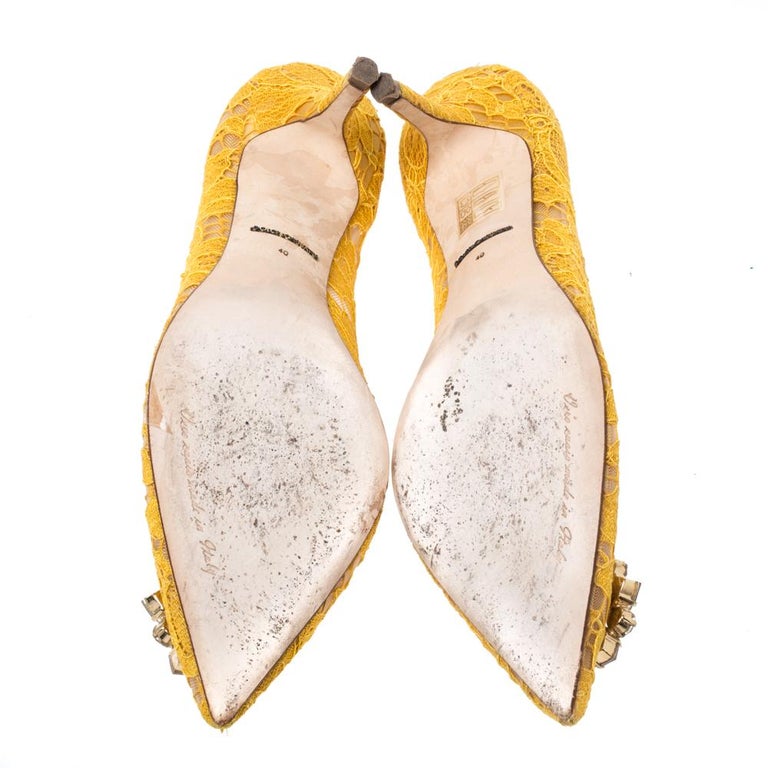 Dolce and Gabbana Yellow Lace Bellucci Crystal Pointed Toe Pumps Size ...