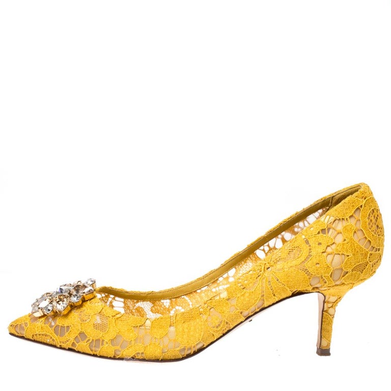 Dolce and Gabbana Yellow Lace Bellucci Crystal Pointed Toe Pumps Size ...