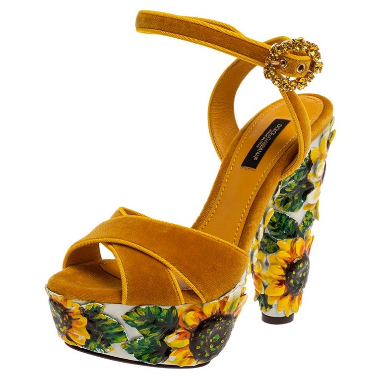 Dolce and Gabbana Yellow Sunflower Print Velvet Platform Sandals Size ...