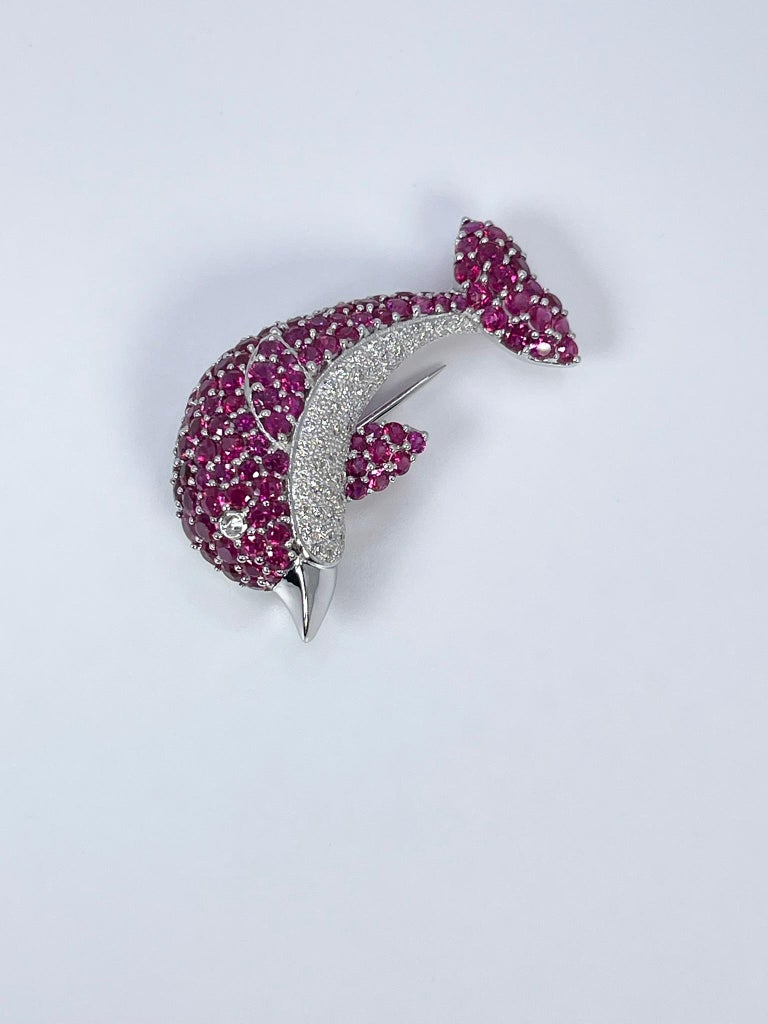 Dolphin Diamond Brooch 18KT White Gold Natural Rubies For Sale at 1stDibs