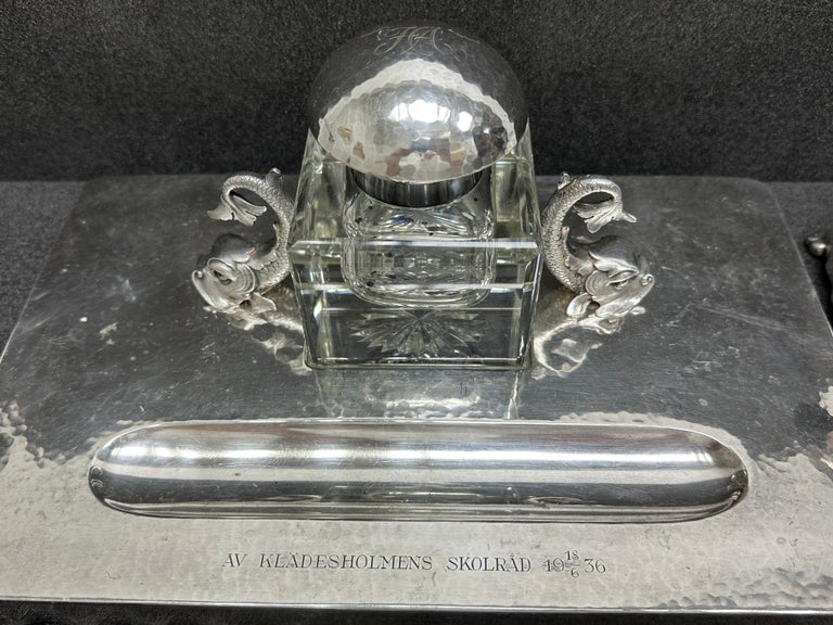 Dolphin Fish Inkwell, Candlestick, Blotter Desktop Set, Silver Plated ...