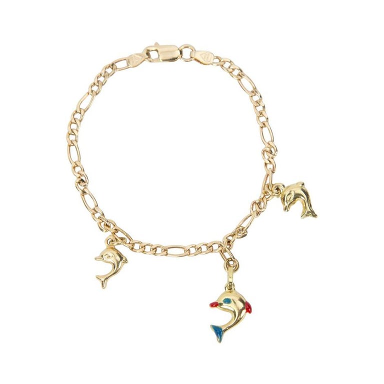 Dolphin Gold Link Charm Bracelet Estate Fine Jewelry For Sale at ...