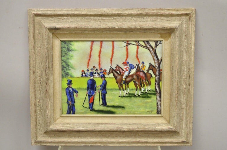 Dom Dominic Mingolla Enamel on Copper Framed Painting Horse Jockey Race ...