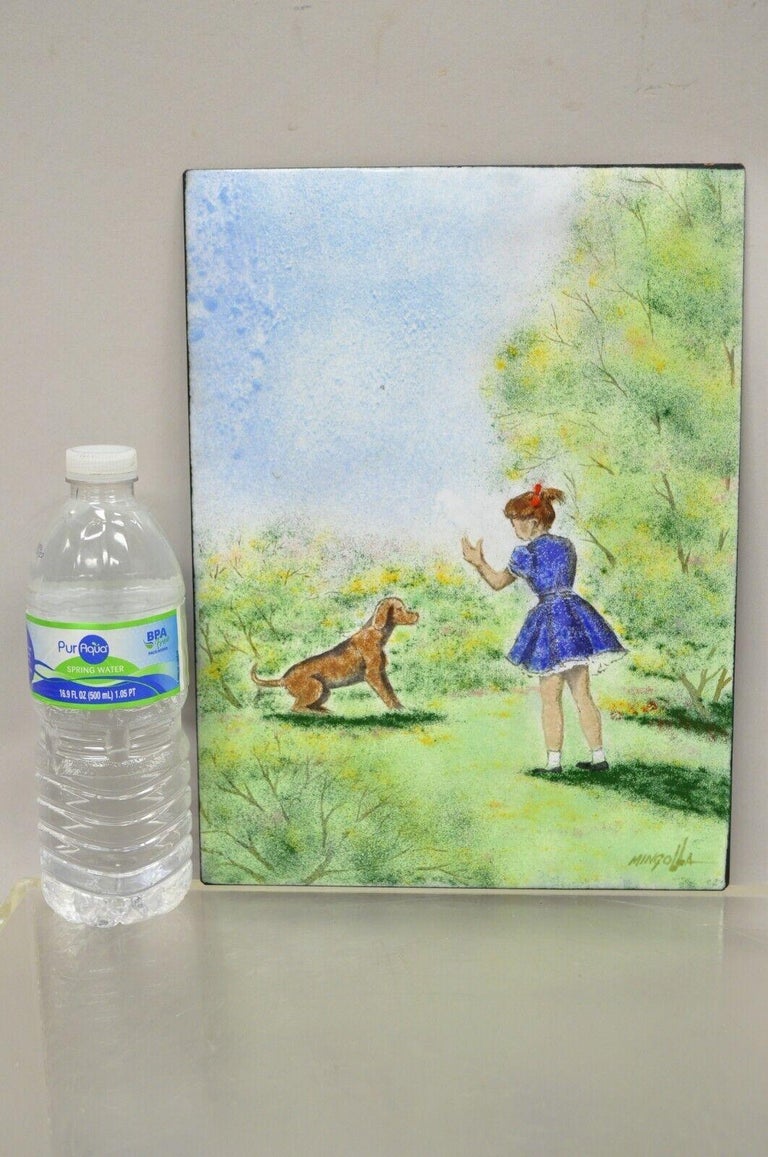 Dom Dominic Mingolla Enamel on Copper Painting Girl with Dog in Field ...