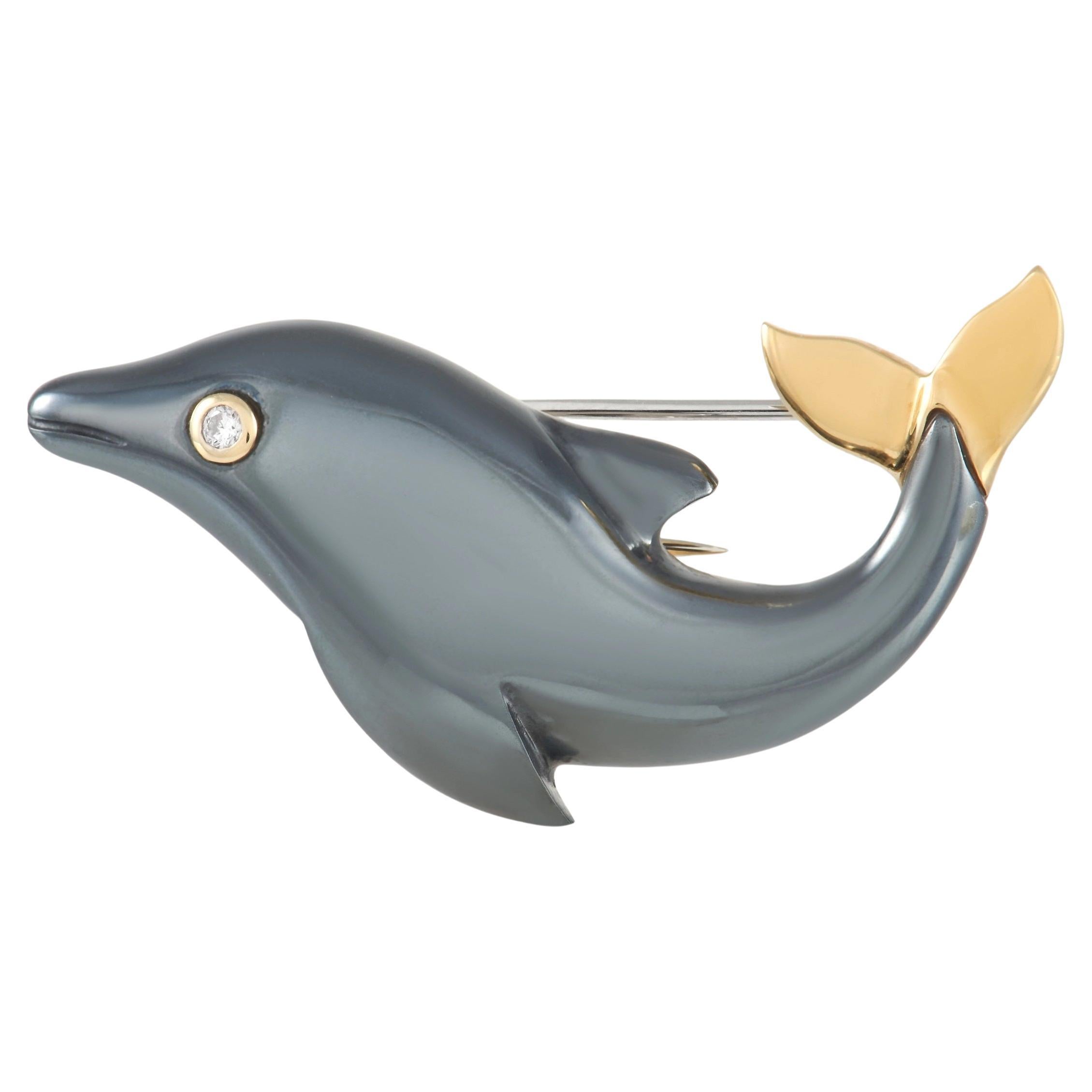 Dominique Arpels 18K Yellow Gold Hematite Diamond Dolphin Brooch For ...