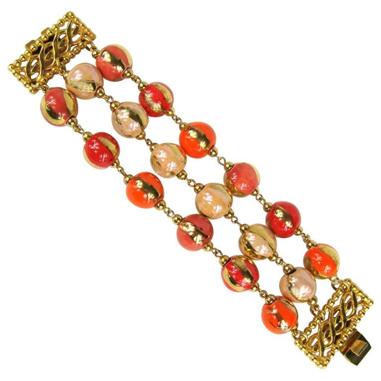 Dominique Aurientis Bracelet Orange Hand Painted 3 Strand Bead 1980s ...