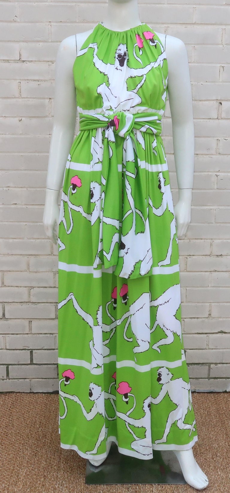 Donald Brooks Novelty Monkey Print Jersey Maxi Dress, 1970's at 1stDibs