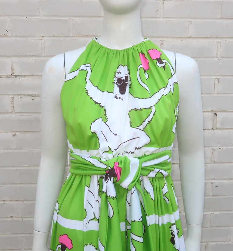 Donald Brooks Novelty Monkey Print Jersey Maxi Dress, 1970's at 1stDibs