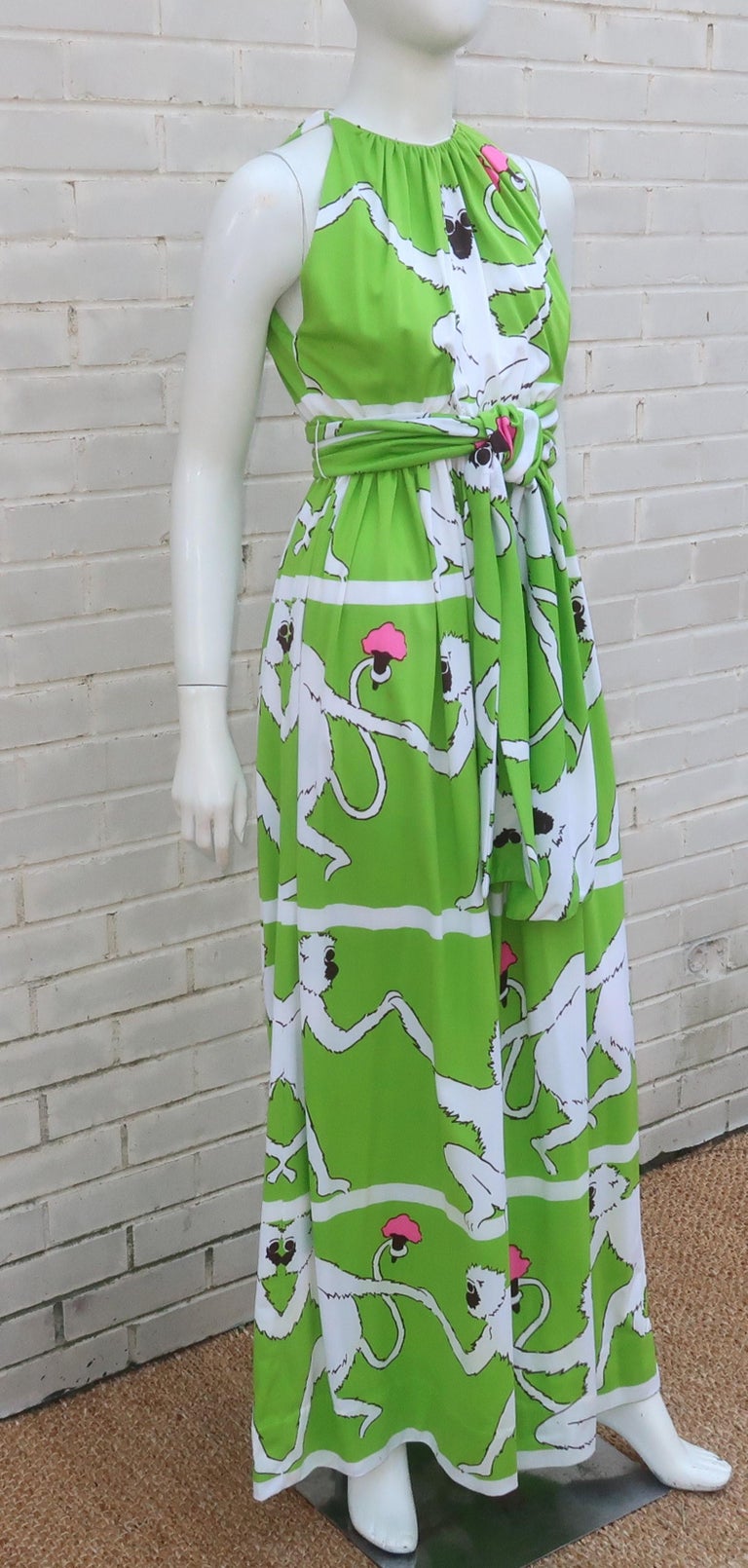 Donald Brooks Novelty Monkey Print Jersey Maxi Dress, 1970's at 1stDibs