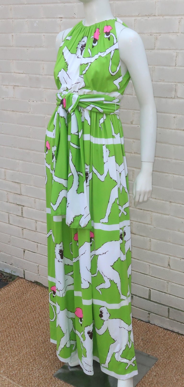 Donald Brooks Novelty Monkey Print Jersey Maxi Dress, 1970's at 1stDibs