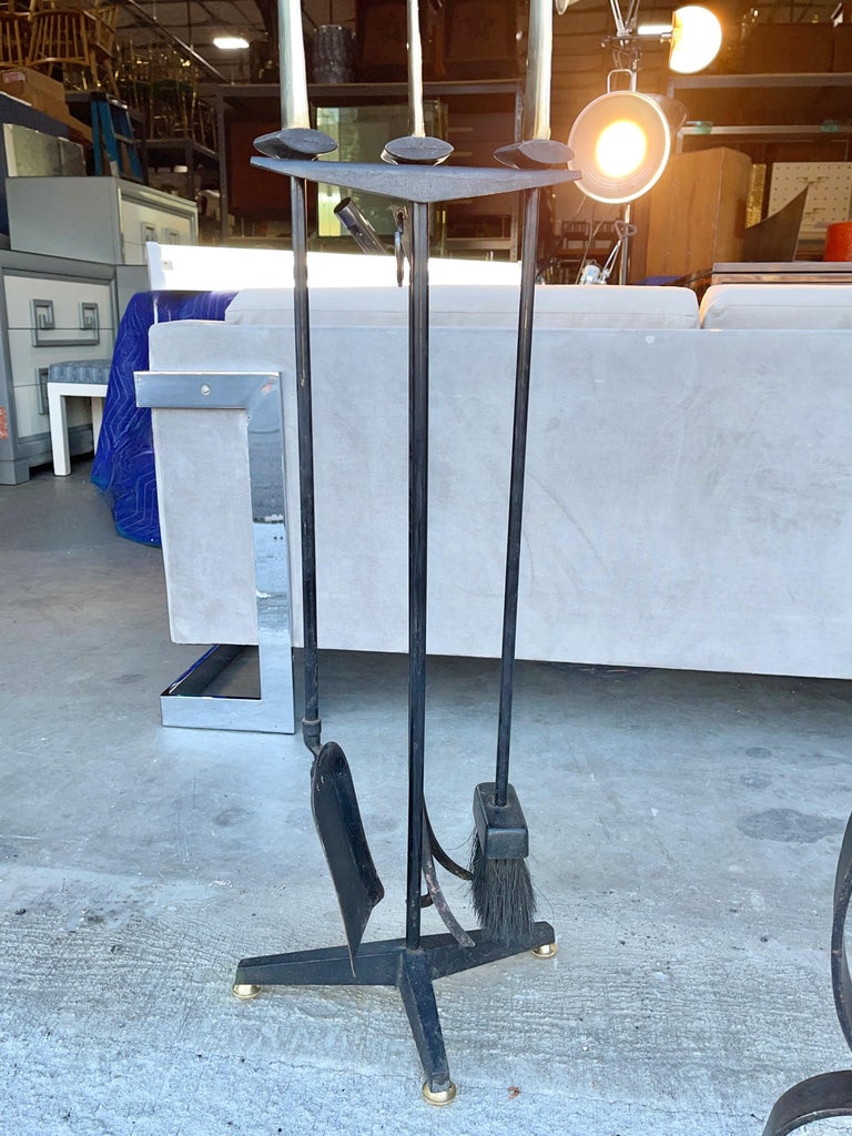 Donald Deskey Fireplace Tools in Brass and Iron Tripod Stand For Sale ...