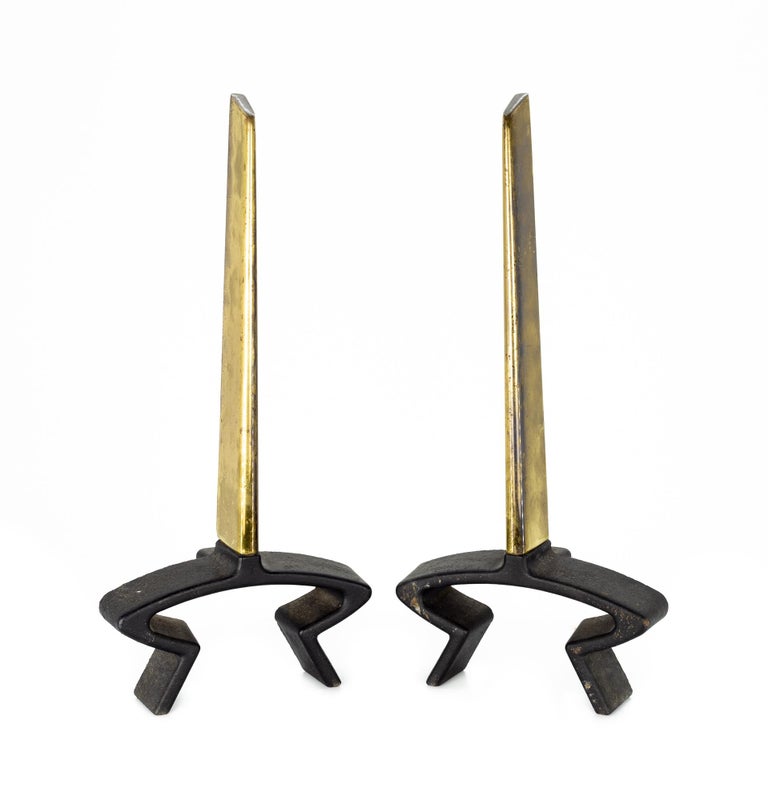 Donald Deskey for Bennett Mid-Century Iron and Brass Andirons Fireplace ...